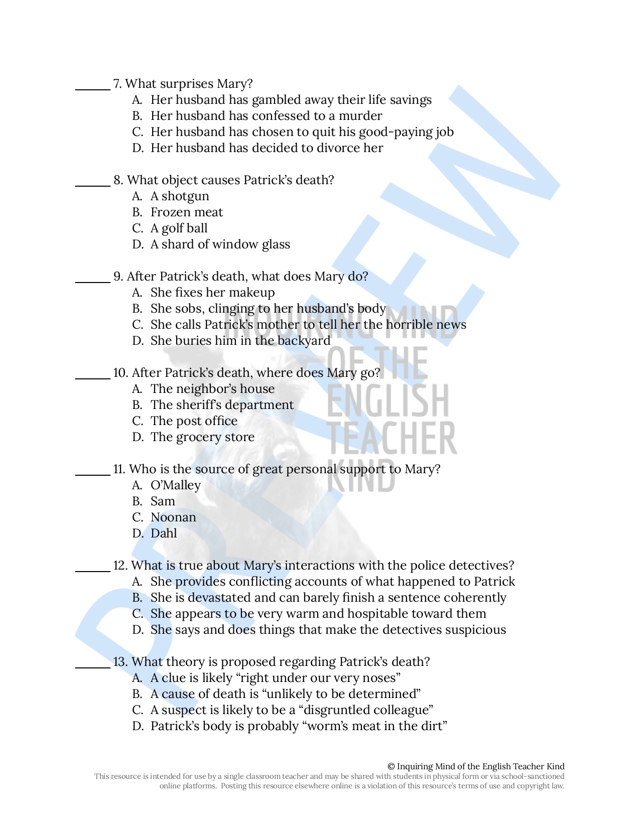 Lamb to the Slaughter by Roald Dahl Quiz and Answer Key - Classful