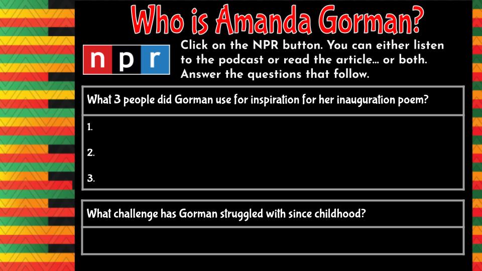 Black History Appreciation Amanda Gorman Hyperdoc Middle High School ...
