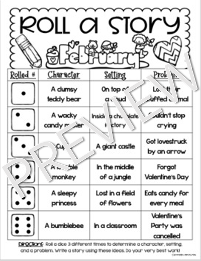 Roll a Story Writing Activity Literacy Center Month of February - Classful