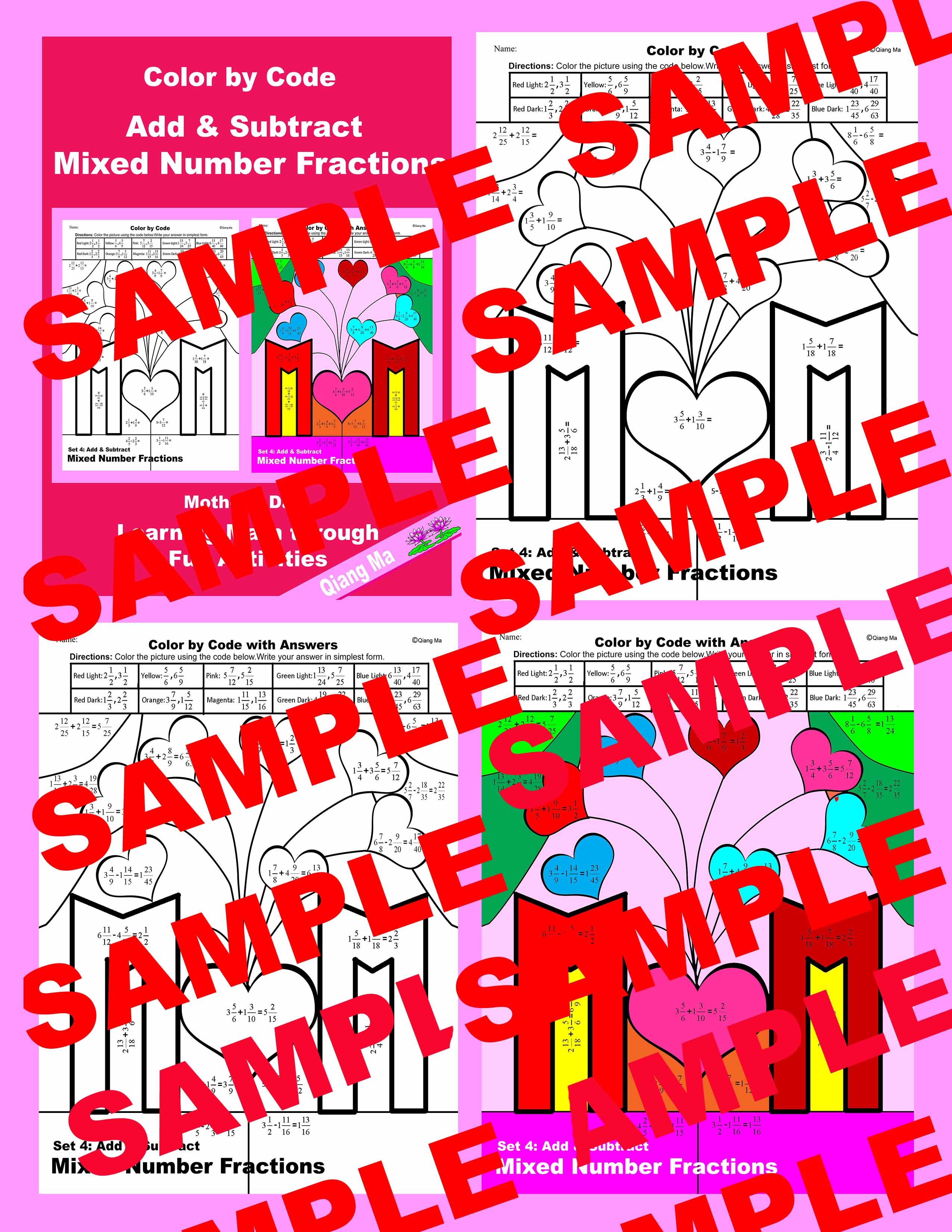 Mother's Day Color by Code Fractions- Add, Subtract, Multiply, Divide ...