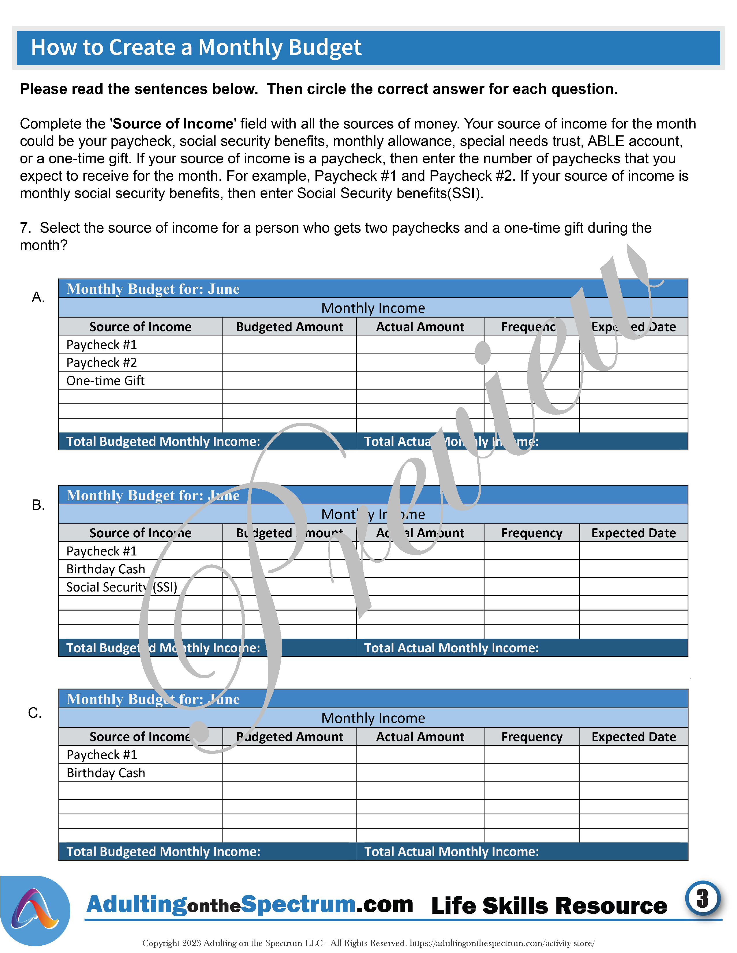 Practical Life Skills Activity for Teens and Adults - How to Create a Monthly Budget - Classful