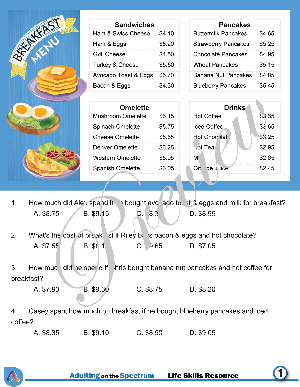 Money Math Life Skills Worksheets - Reading Restaurant Menus Level 1 ...