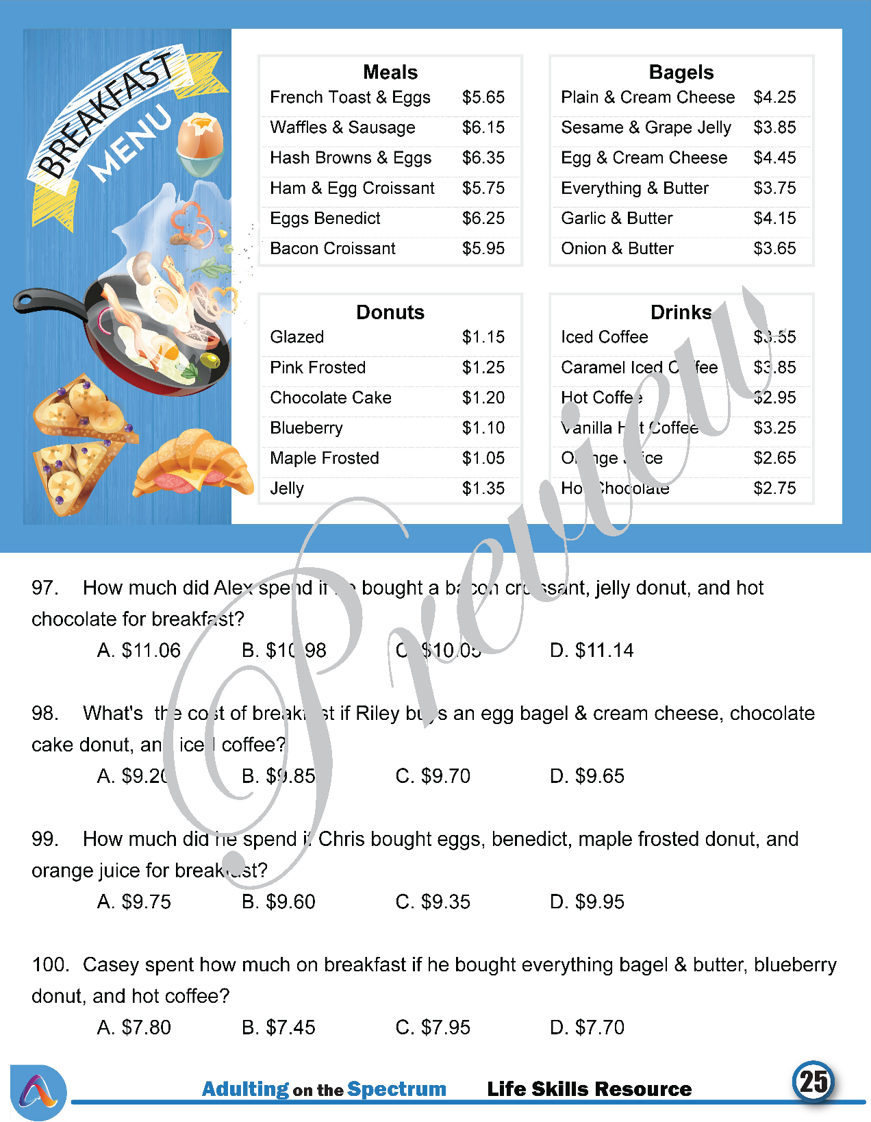 Money Math Life Skills Worksheets - Reading Restaurant Menus Level 1 ...