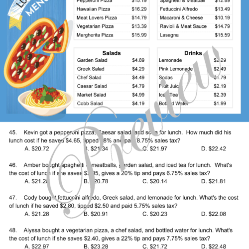 Money Math Life Skills Worksheets - Reading Restaurant Menus Level 4 ...