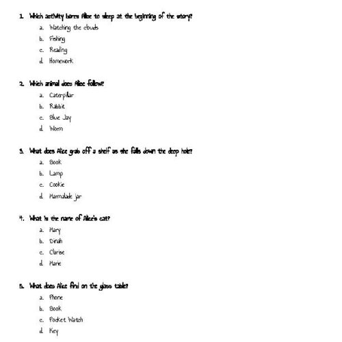Alice's Adventures in Wonderland Chapter Quizzes Printable - Classful