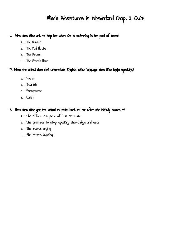 Alice's Adventures in Wonderland Chapter Quizzes Printable - Classful