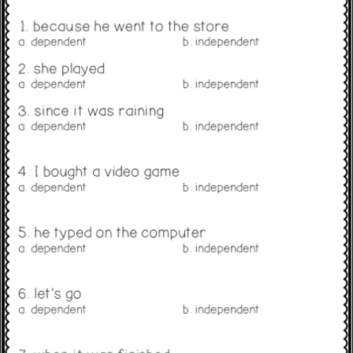 Super Simple Worksheets ~ Grammar ~ Dependent Clauses and Independent ...