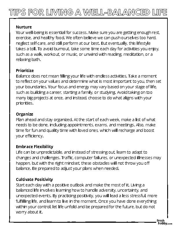 Healthy Balance Check-List Worksheet | Tips for Living a Healthy ...