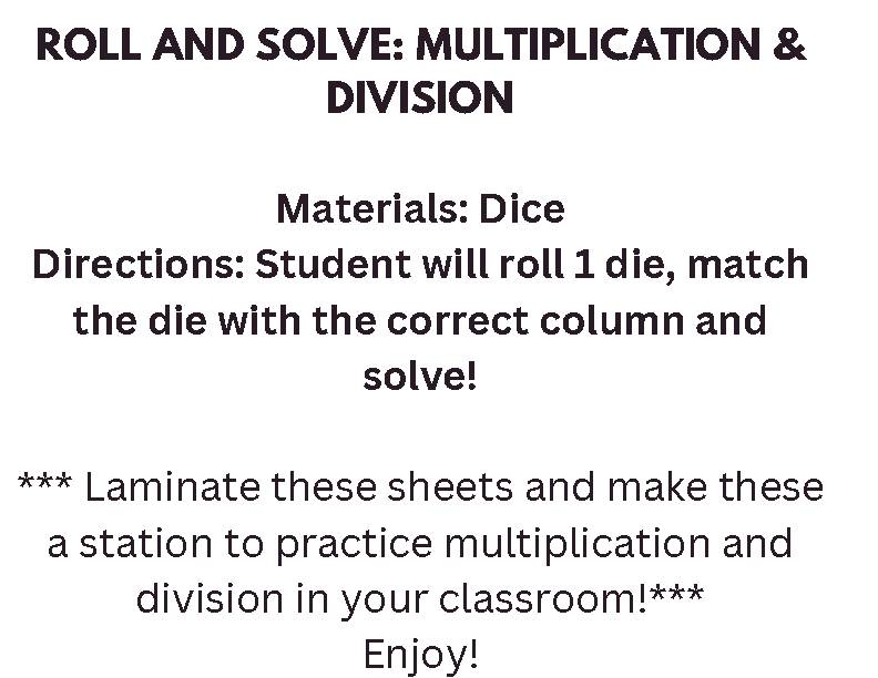 Roll and Solve- Multiplication and Division - Classful