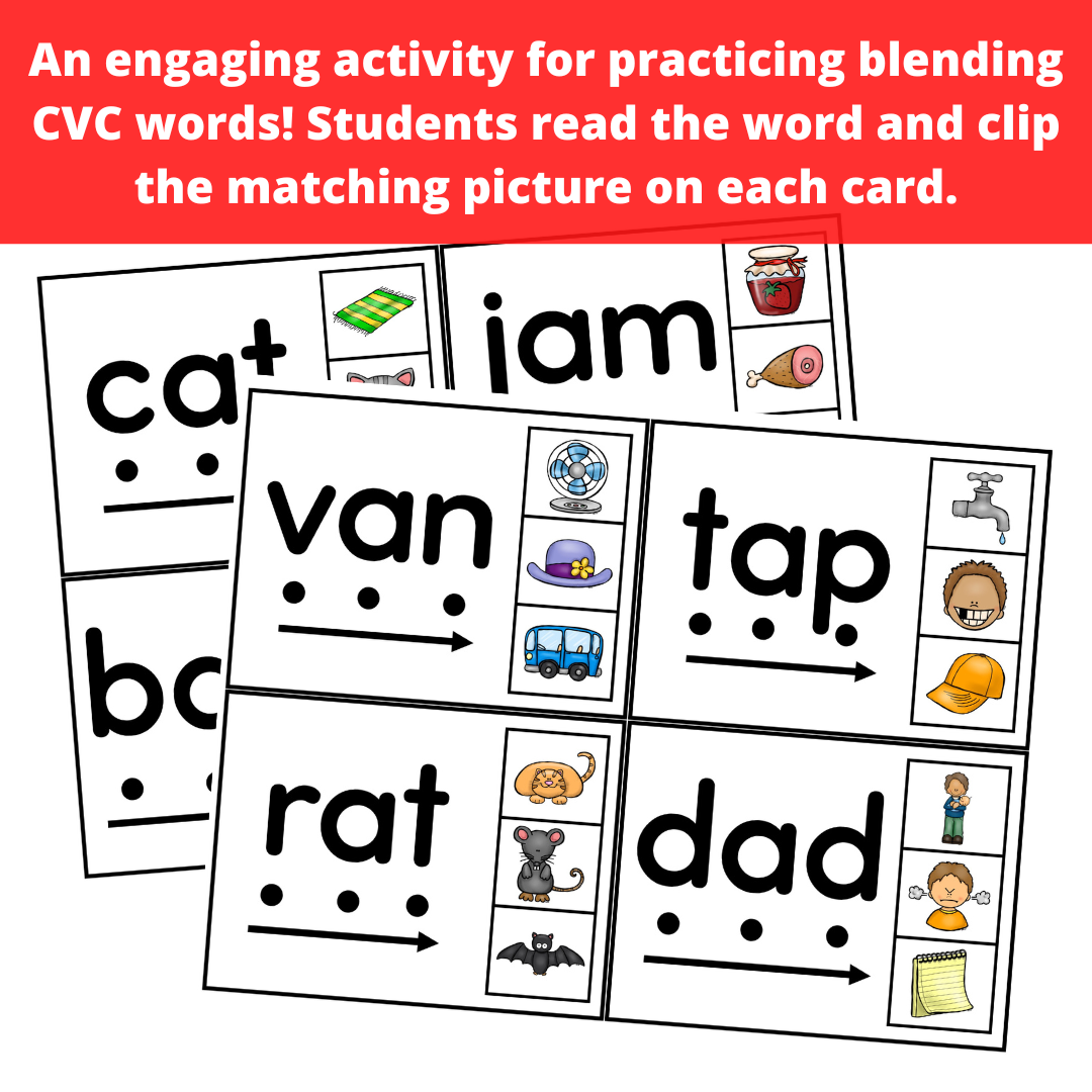 Blending CVC Words Task Cards for Literacy Centers - Blend & Clip ...