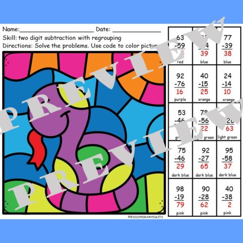 COLOR BY NUMBER | COLOR BY CODE | 2 DIGIT SUBTRACTION WITH REGROUPING ...