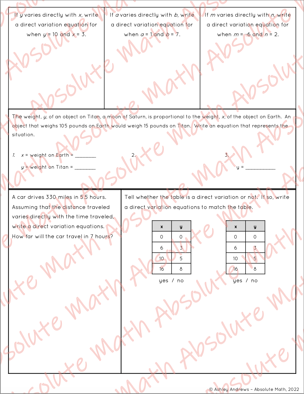 Direct Variations Guided Notes - Classful