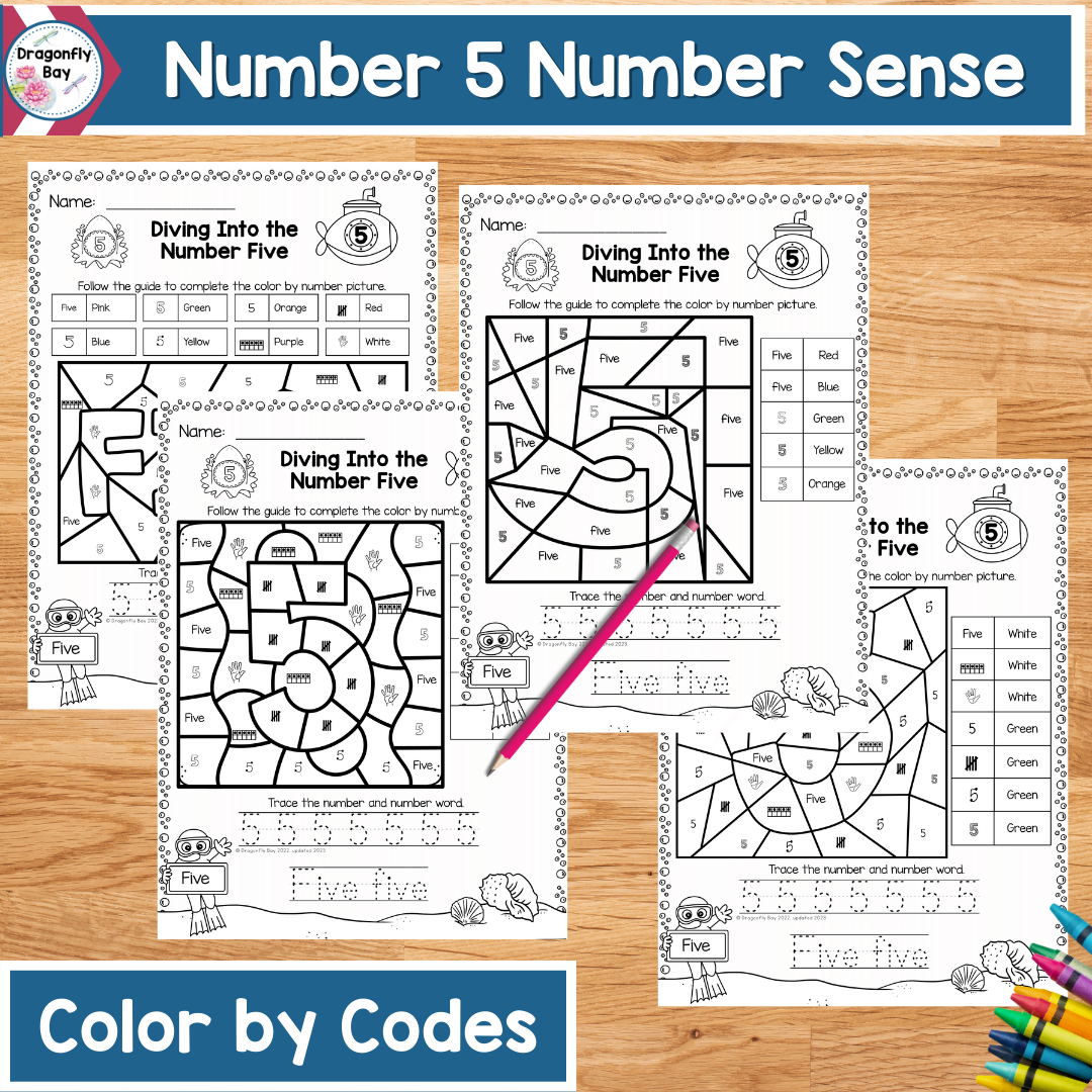 Number 5 Number Sense Worksheets Color by Codes and Center Activities ...