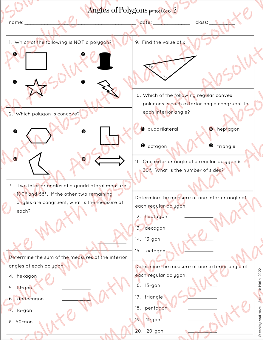 Angles of Polygons Practice 2 - Classful