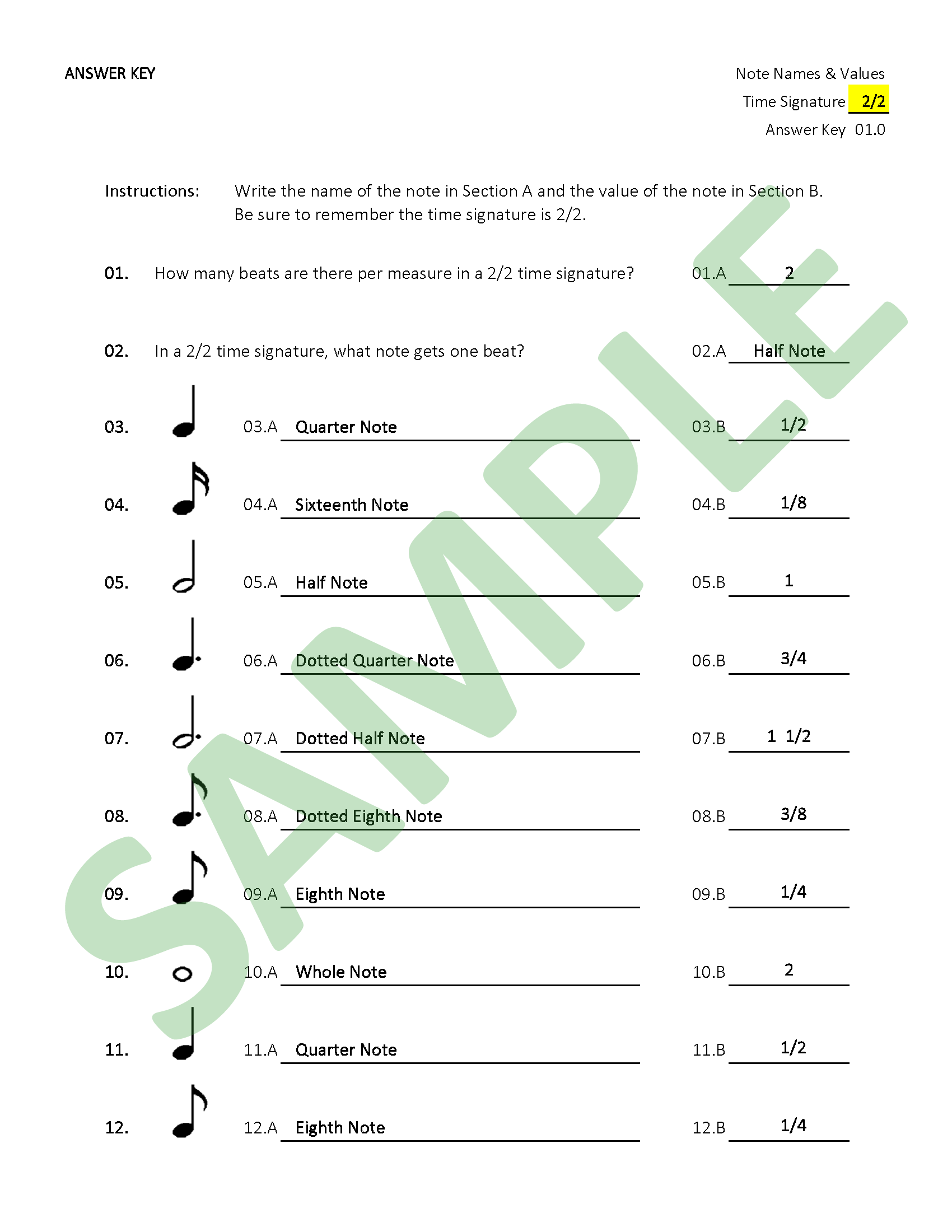Beginner Music Note Recognition - 2/2 Time Signature - Classful