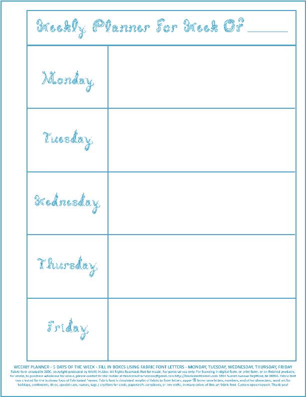 Weekly Planner 5 Days Week Of Fill In Vertical Sheet Aqua Blue Fabric ...