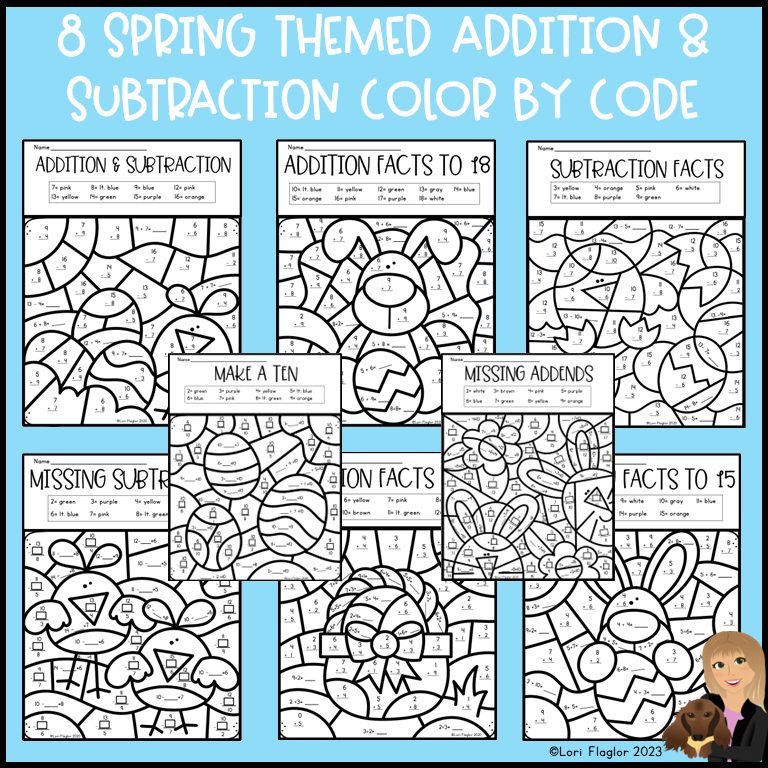 Color By Number for Easter/Spring Addition and Subtraction Worksheets - Classful