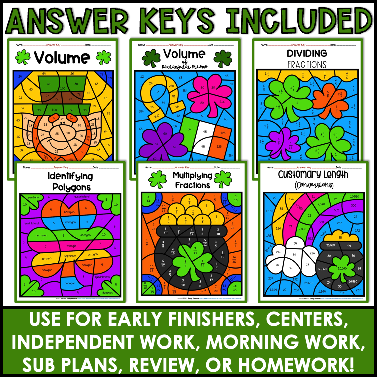 St. Patrick's Day Color by Number 5th Grade Math Worksheets Bundle ...