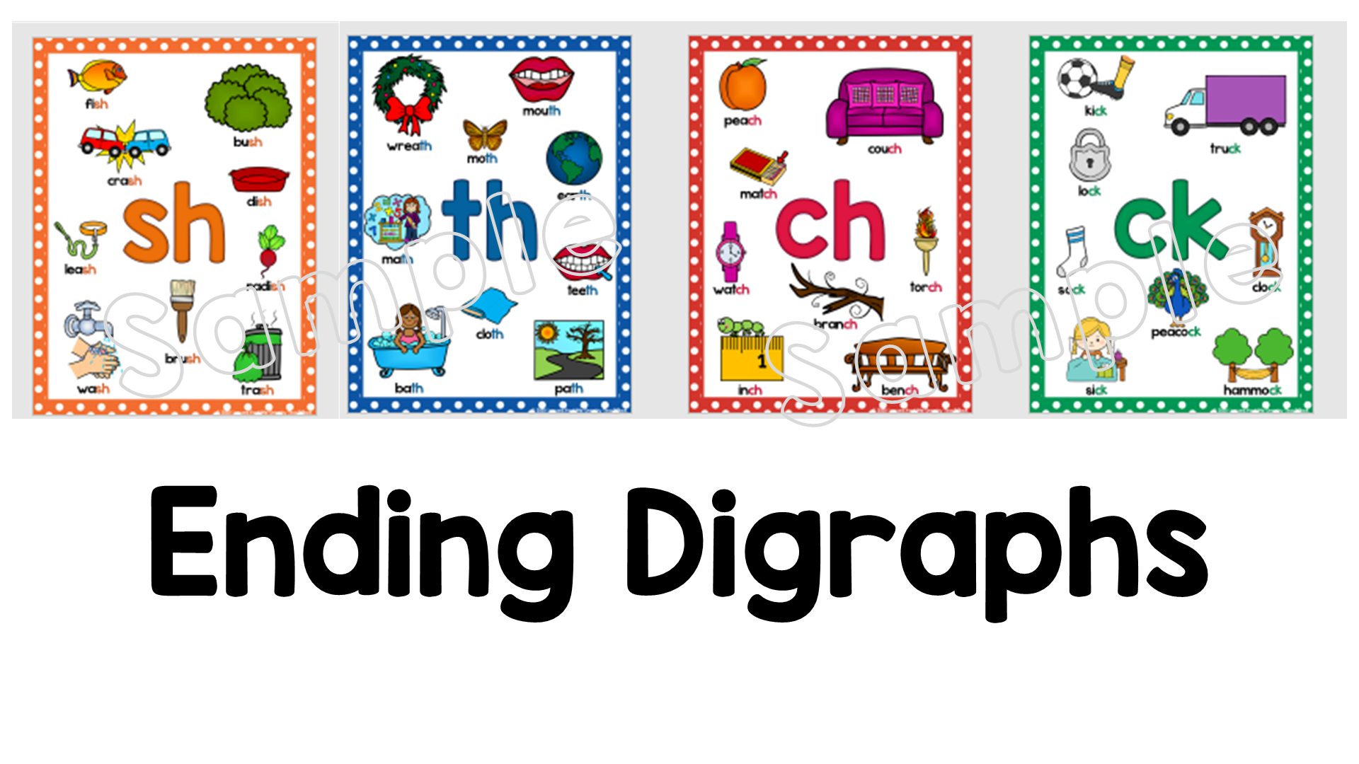 Digraph Posters (Beginning and Ending) for sh, th, ch, wh, ck - Classful