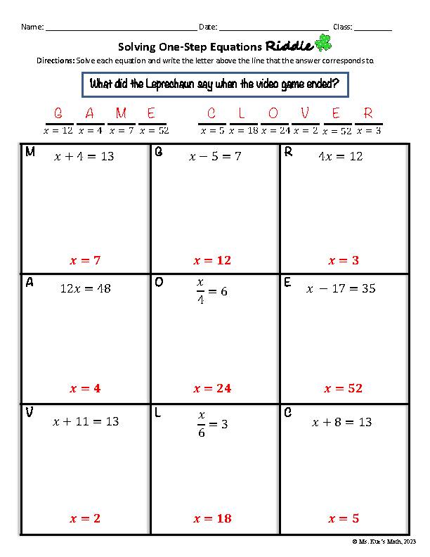 One Step Algebra Worksheets