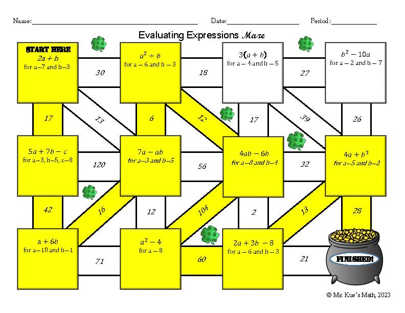 St. Patrick's Day Evaluating Expressions Maze - Classful