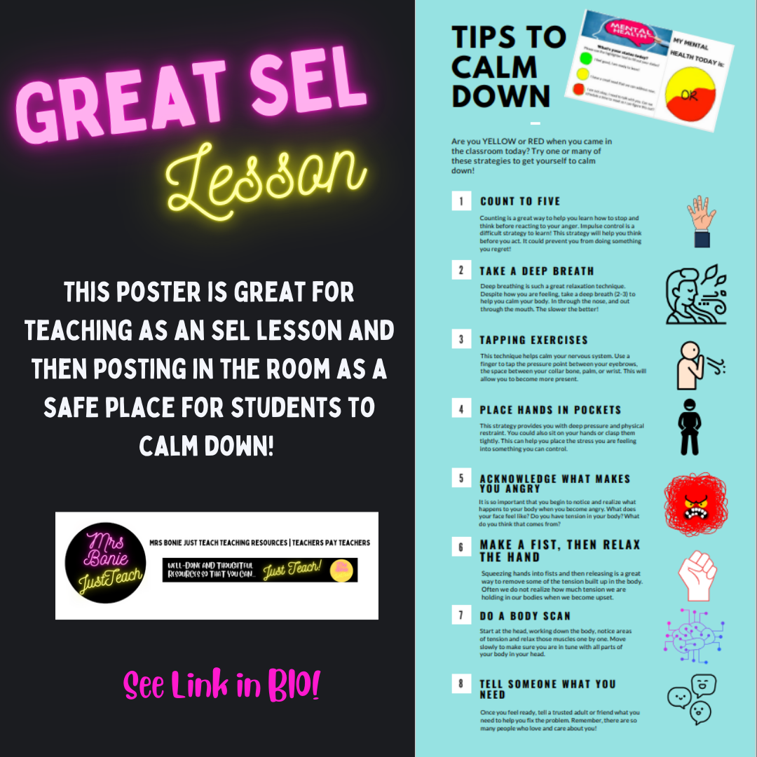 Tips to Calm Down Poster - Poster and SEL Lesson on Ways to Calm Down ...