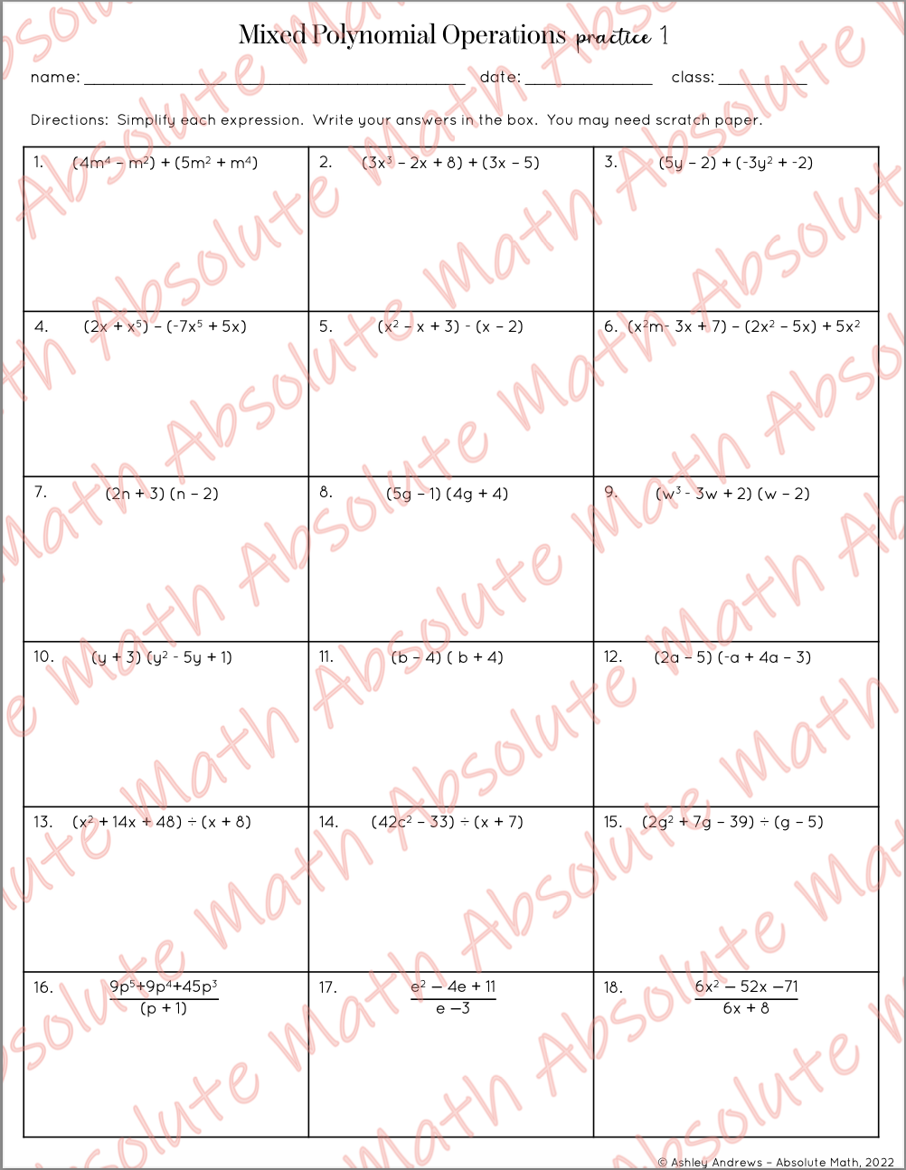 Mixed Polynomial Operations Practice 1 - Classful