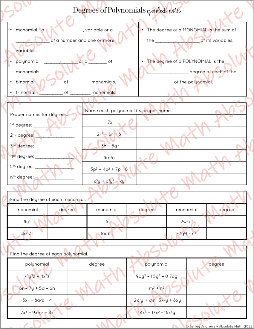 Degrees of Polynomials Guided Notes - Classful