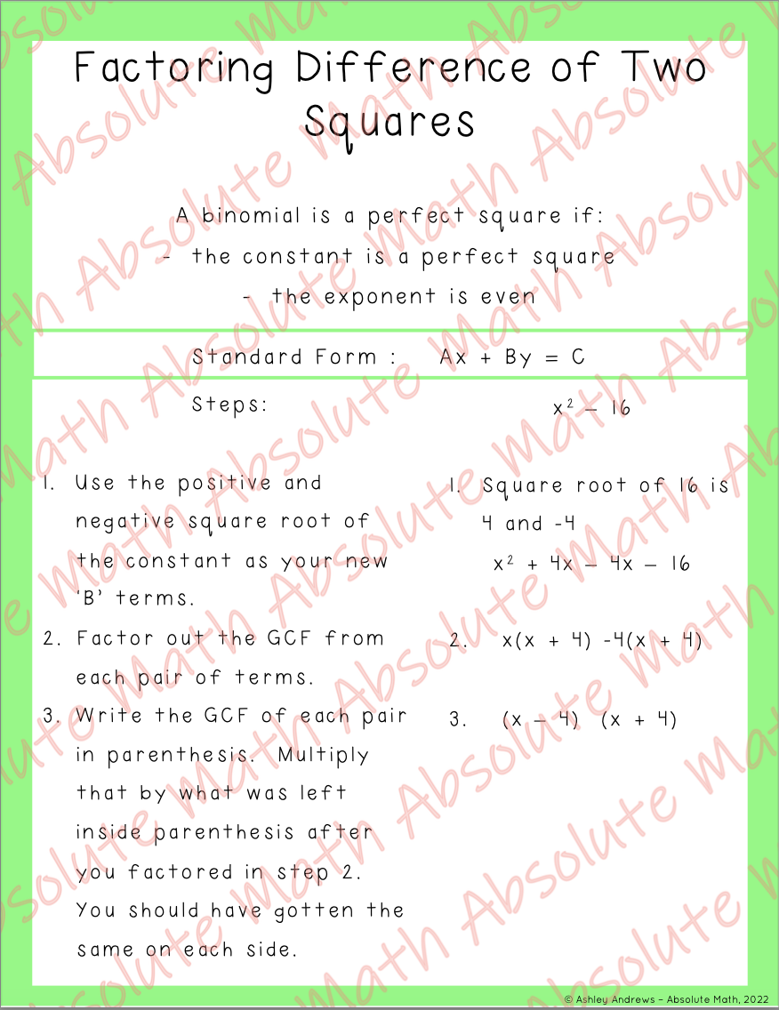 Factoring Difference of Squares Poster - Classful