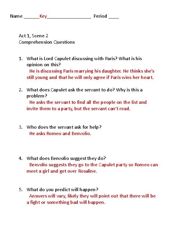 Romeo and Juliet Act 1 comprehension questions - Classful