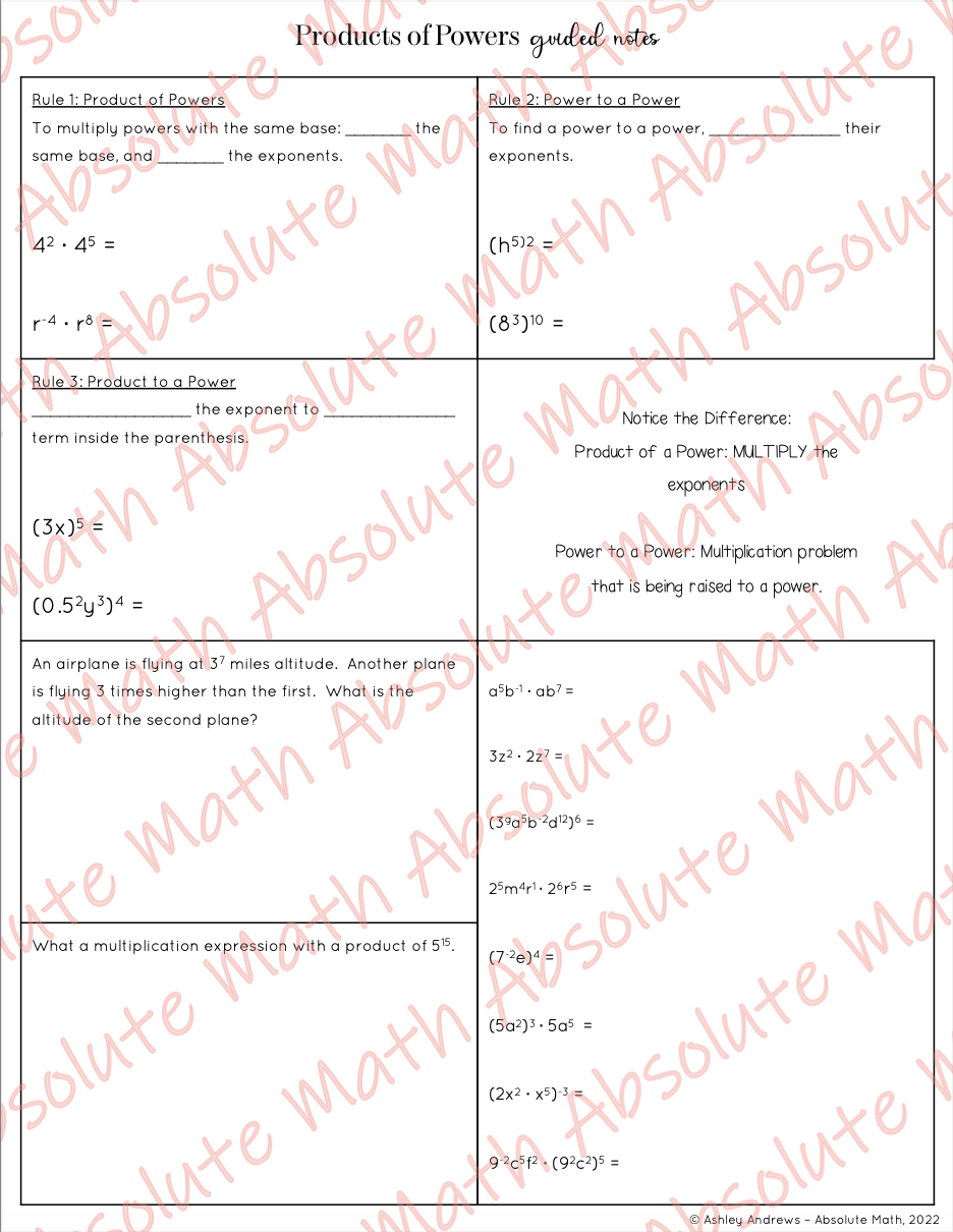 Products of Powers Guided Notes - Classful