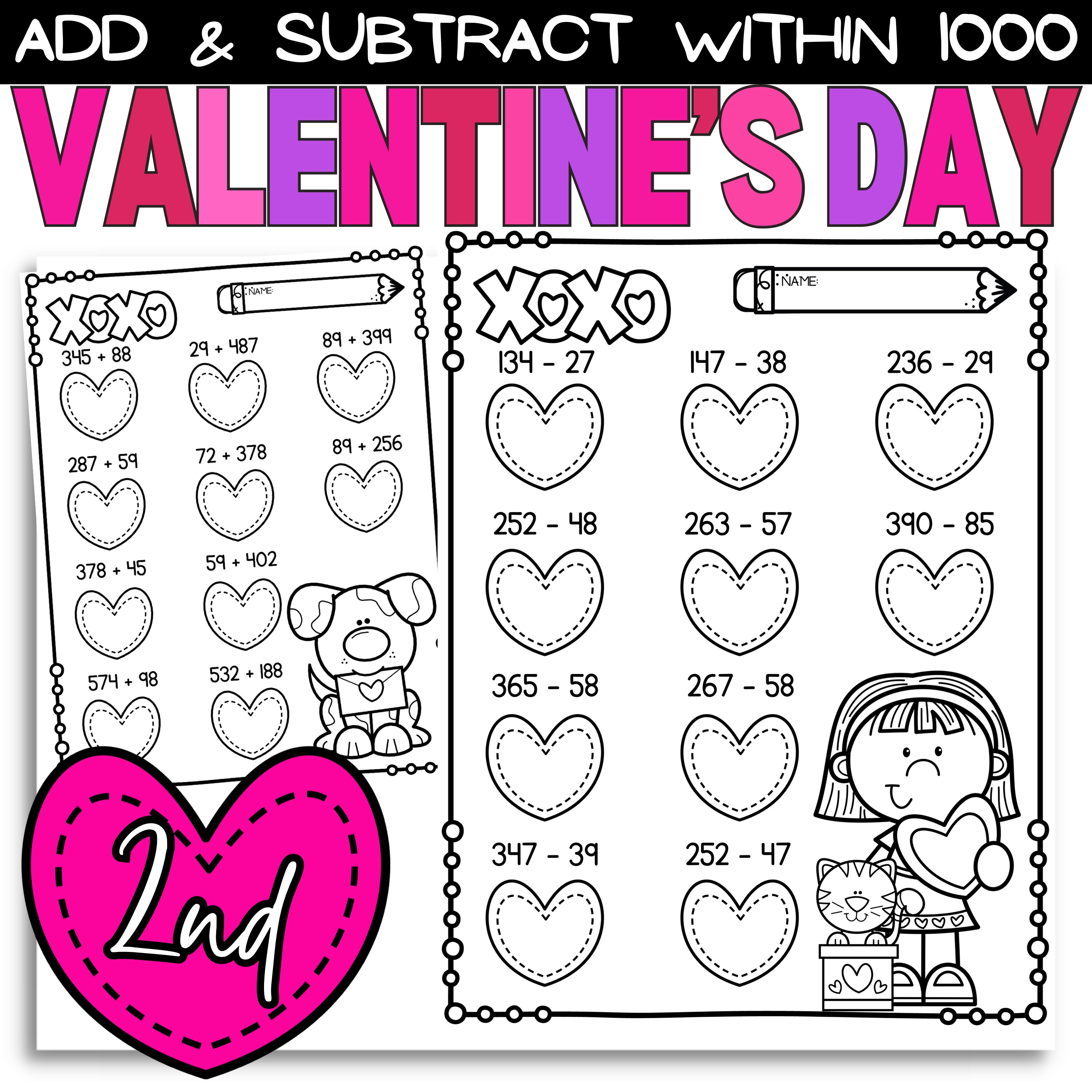 Valentine's Day Second Grade Math - Add & Subtract within 1000 ...