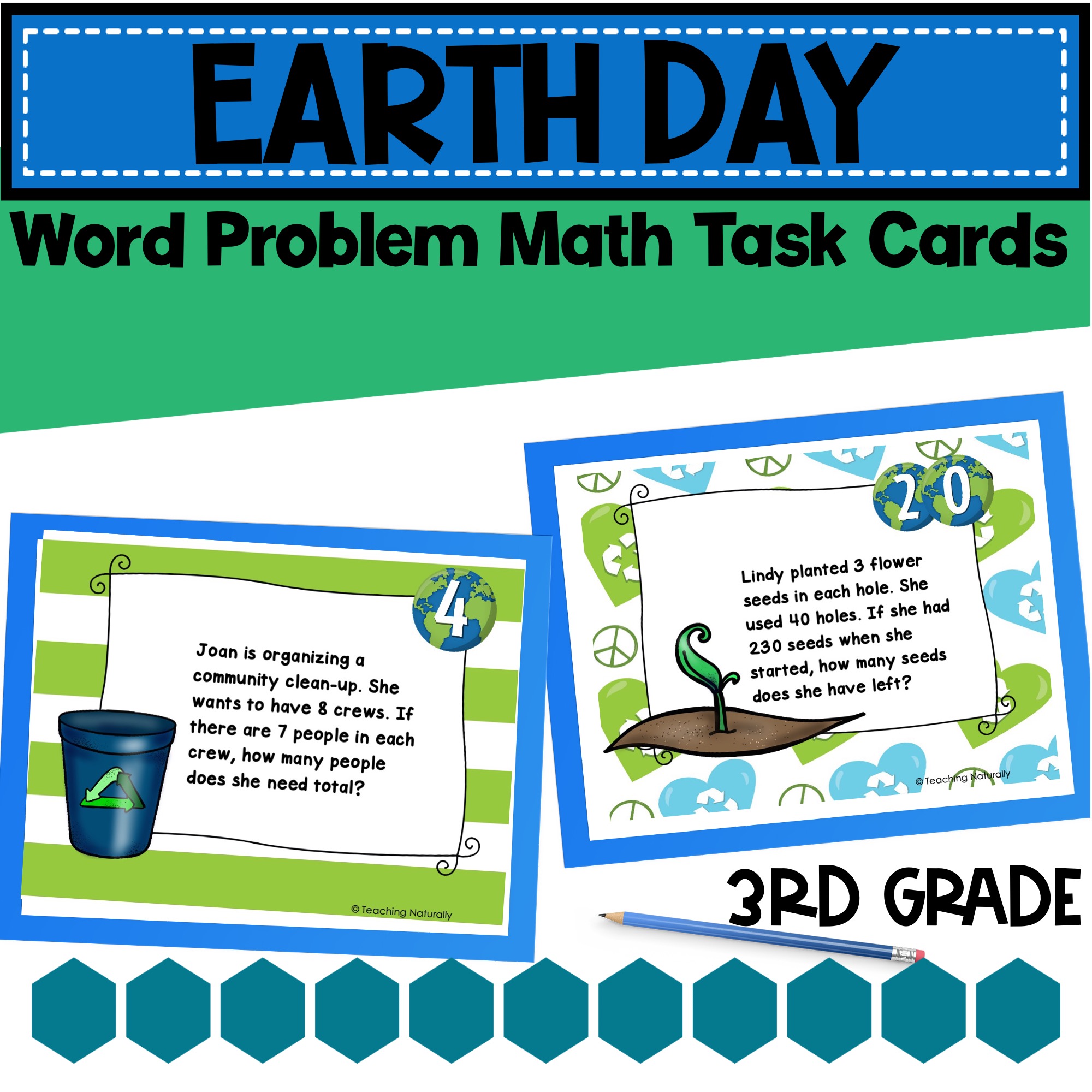 Earth Day Word Problem Math Task Cards for 3rd grade Test Prep - Classful