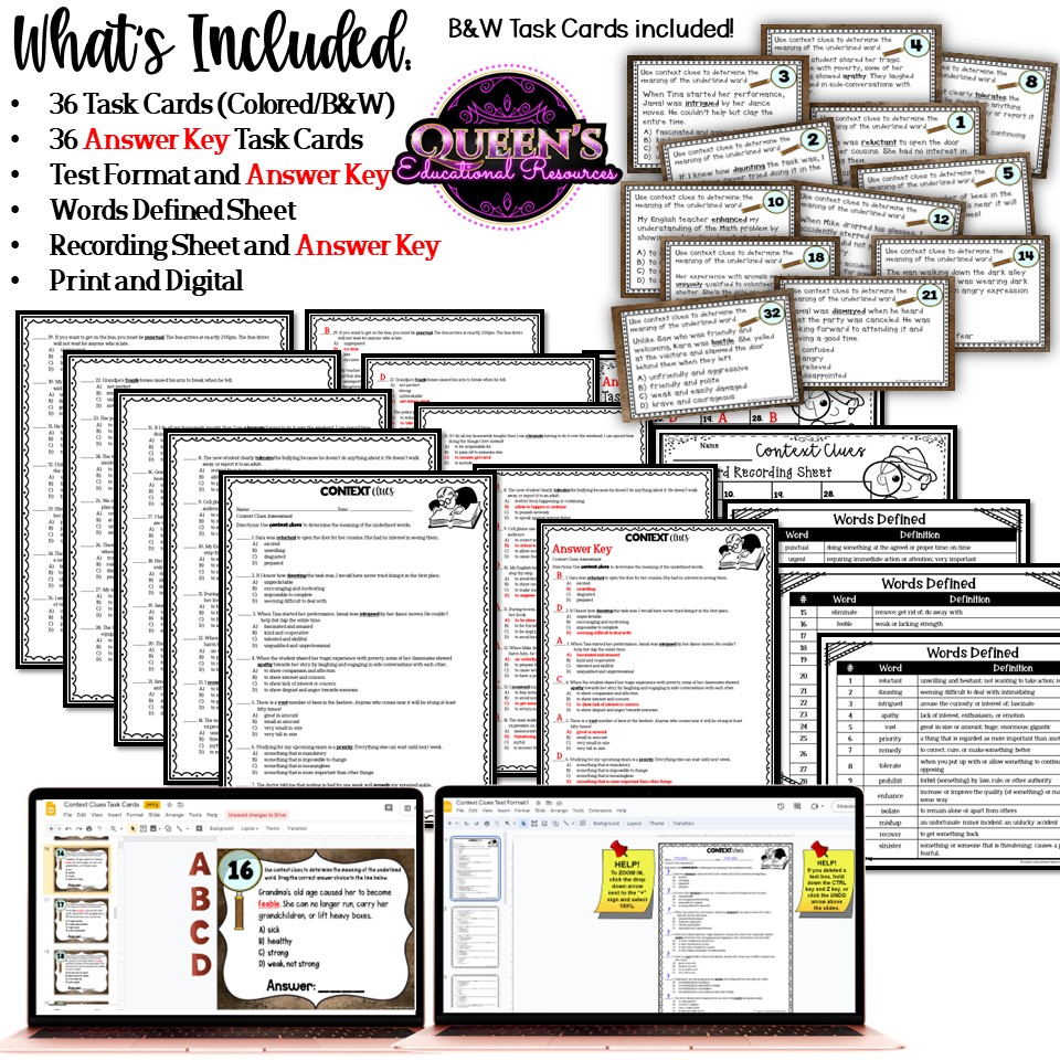 Context Clues Task Cards and Assessment, Reading Comprehension - Classful