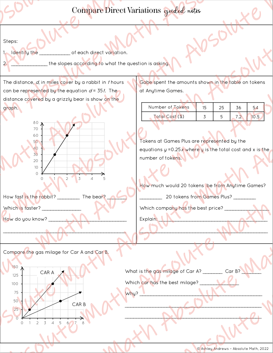 Compare Direct Variations Guided Notes - Classful