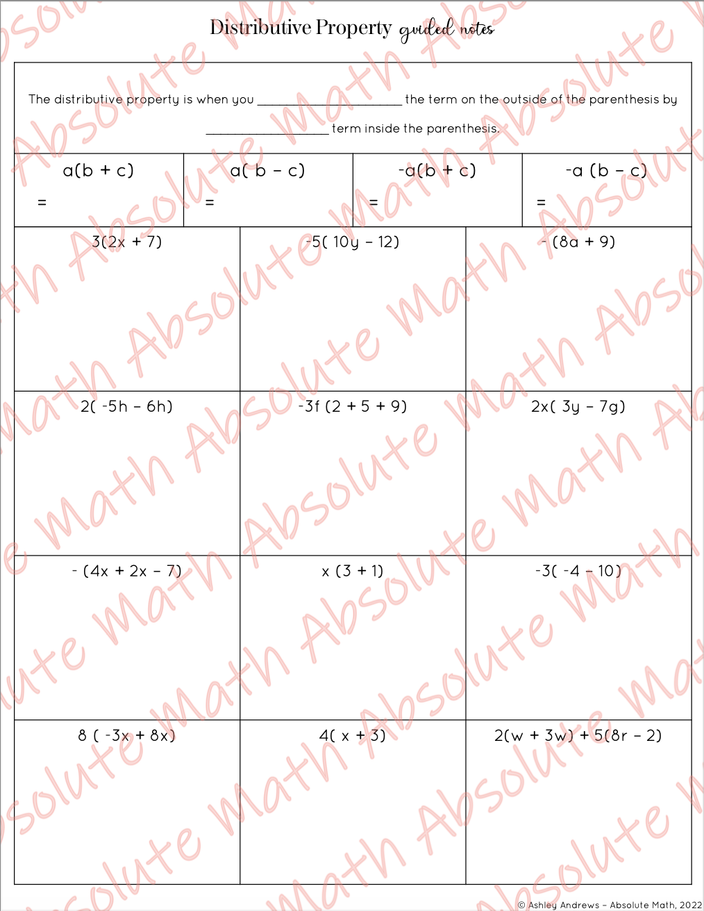 Distributive Property Guided Notes - Classful