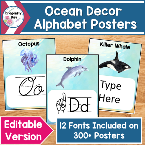 Ocean Alphabet Classroom Décor Posters in 12 Fonts EDITABLE - Classful