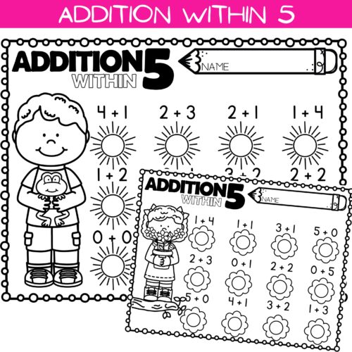 Addition within 5 Kindergarten Math Worksheets - Spring Themed - Classful