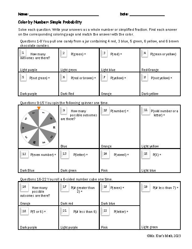 Simple Probability Color by Number - Classful