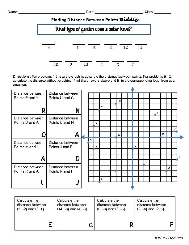 Grade 6 Distance Between Points Riddle Worksheet - Classful