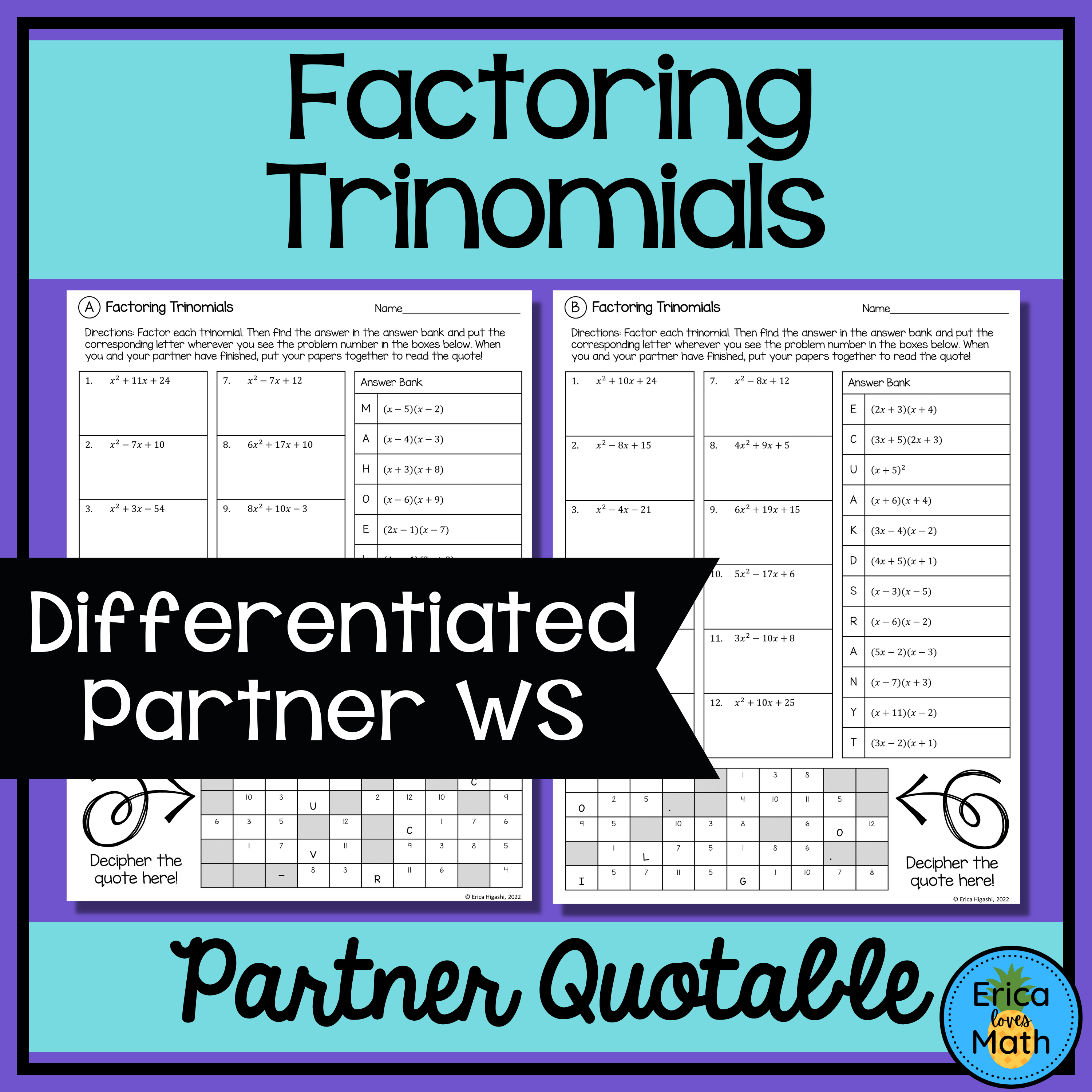 Factoring Trinomials Differentiated Partner Worksheets Quotable - Classful