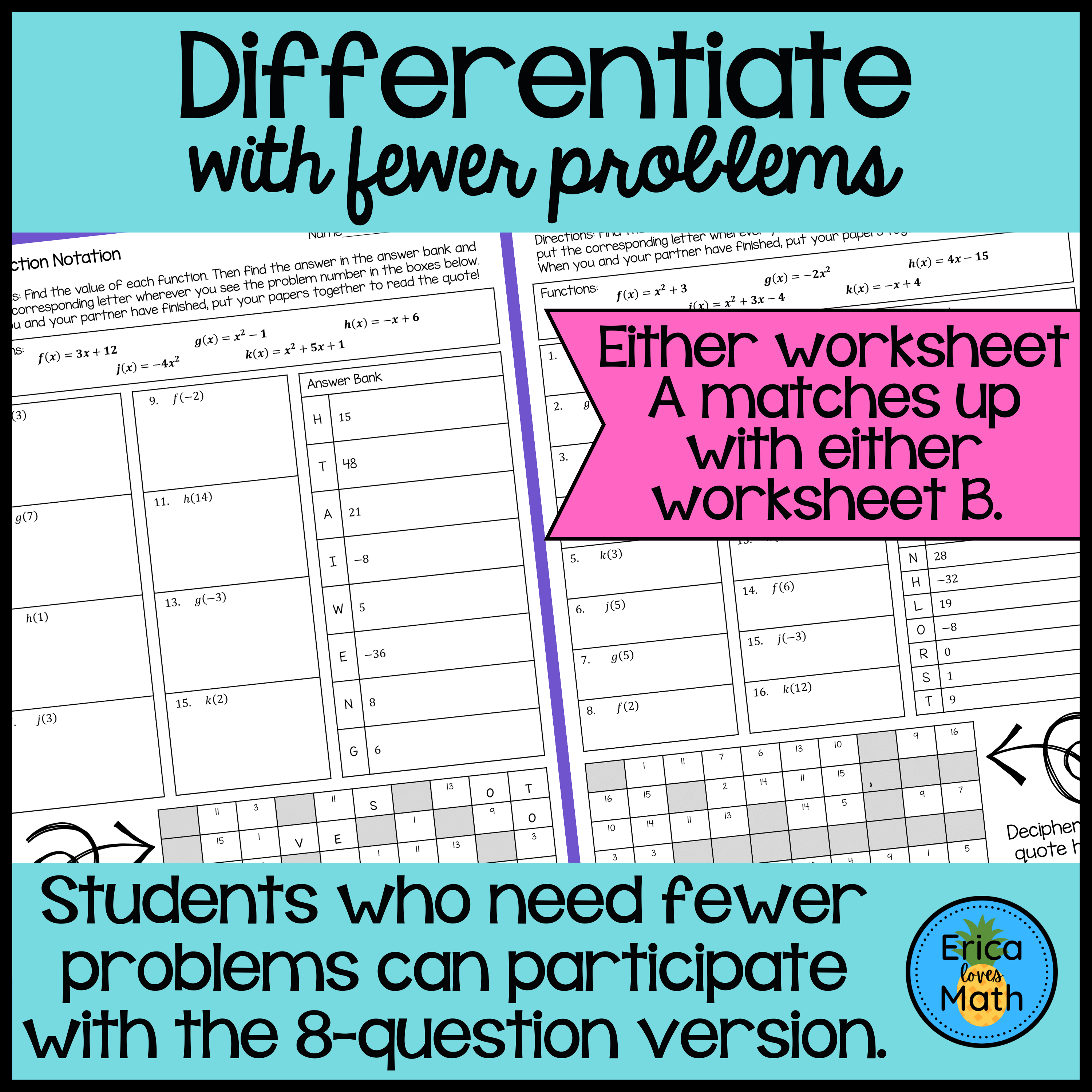 Function Notation Differentiated Partner Worksheets Quotable - Classful
