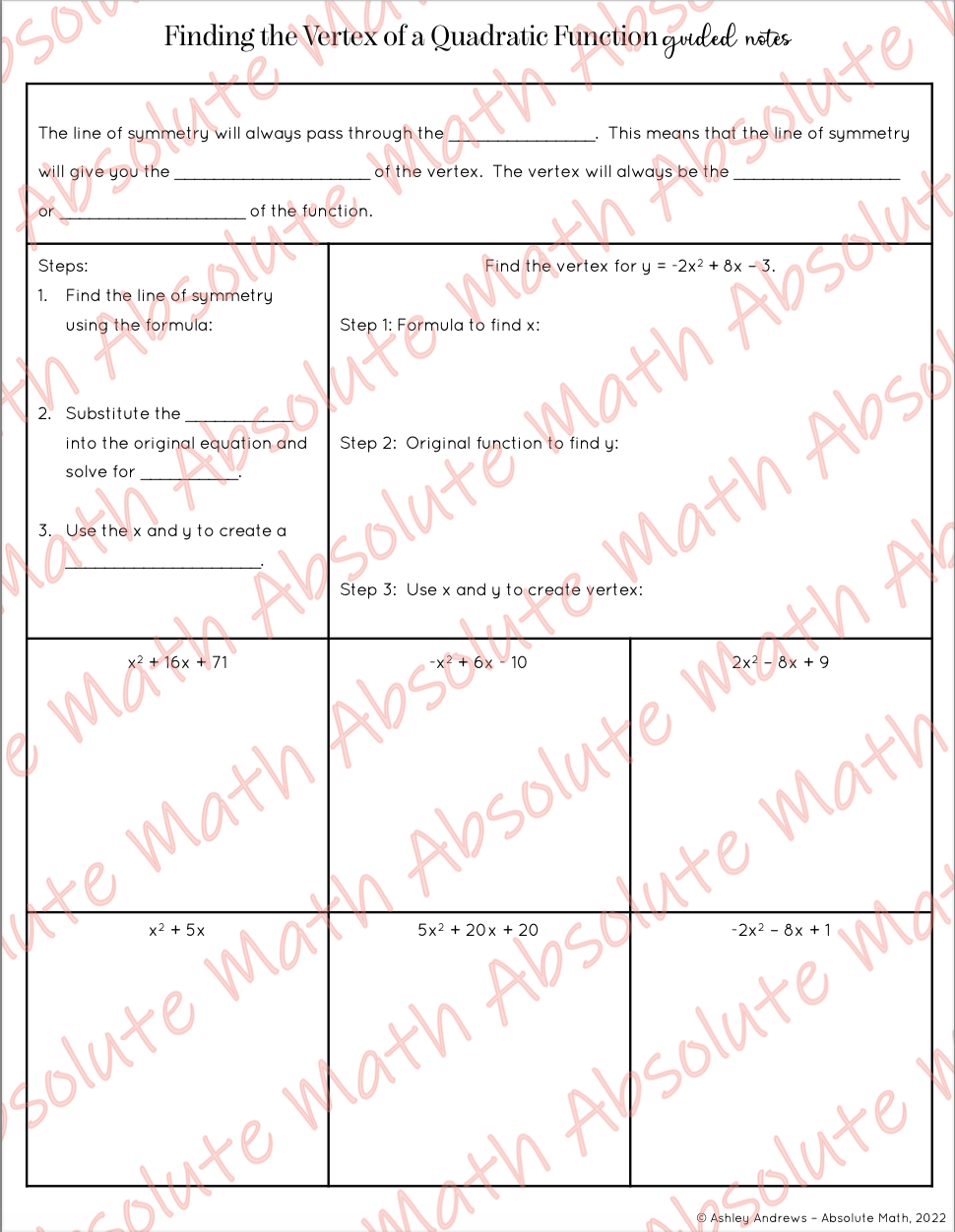 Finding the Vertex of a Quadratic Function Guided Notes - Classful