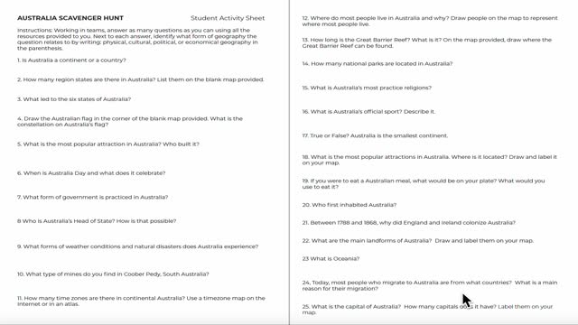 NEW! GEOGRAPHY - AUSTRALIA SCAVENGER HUNT - Classful