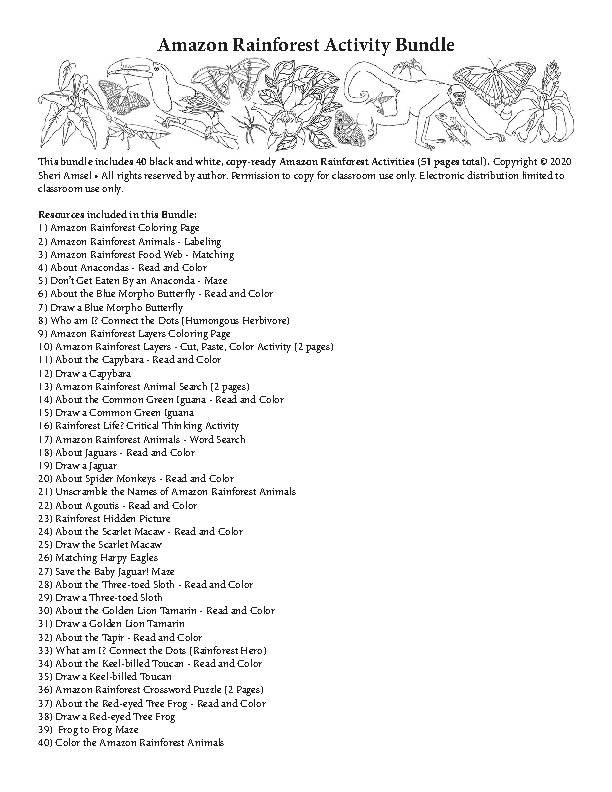 Amazon Rainforest Activity Bundle- Coloring, Mazes, Hidden Pictures ...