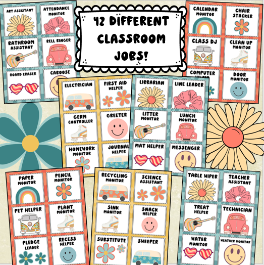 Classroom Jobs Helpers Chart Labels Signs Groovy Retro Vibes Theme ...