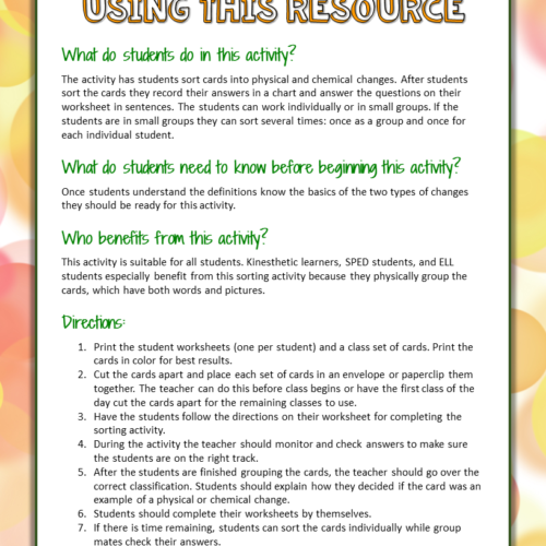 Physical and Chemical Changes Card Sorting Activity - Classful