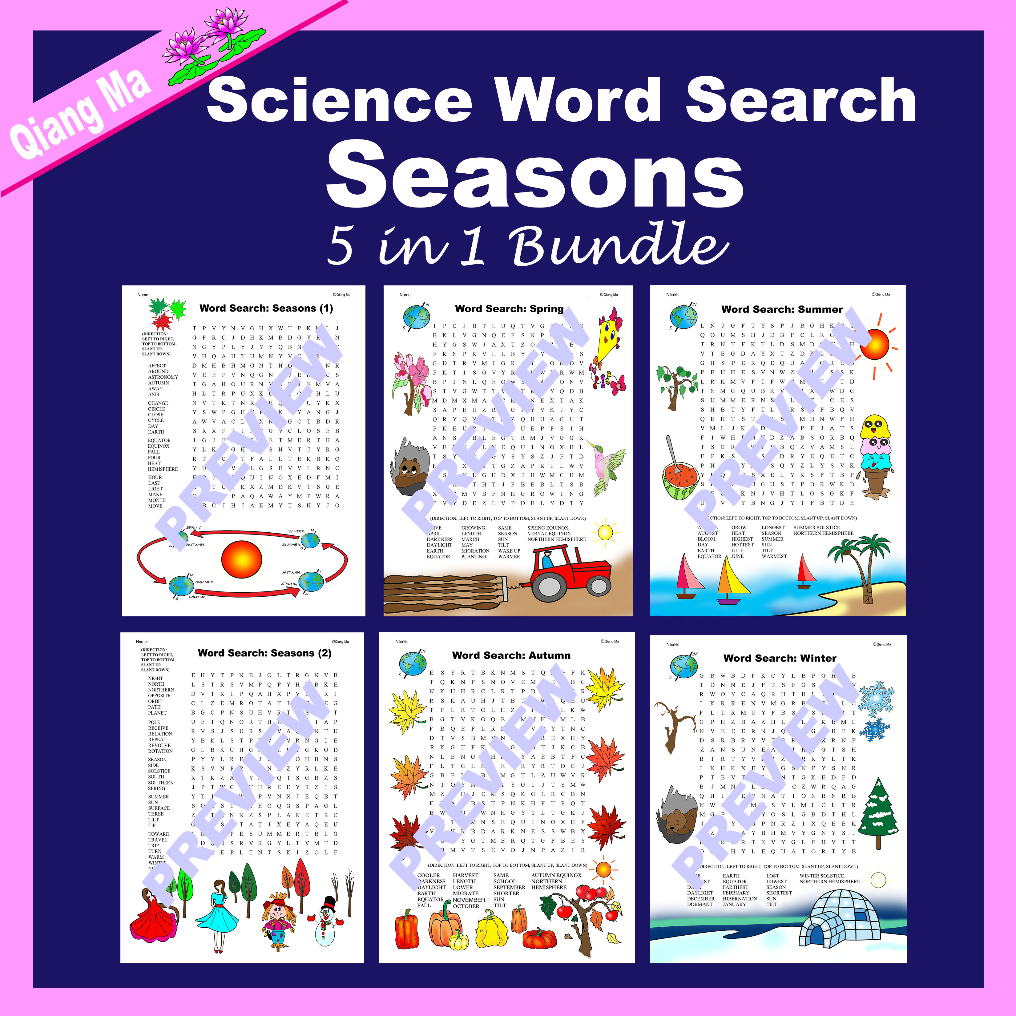 Science Word Search- Seasons 5 in 1 Bundle - Classful