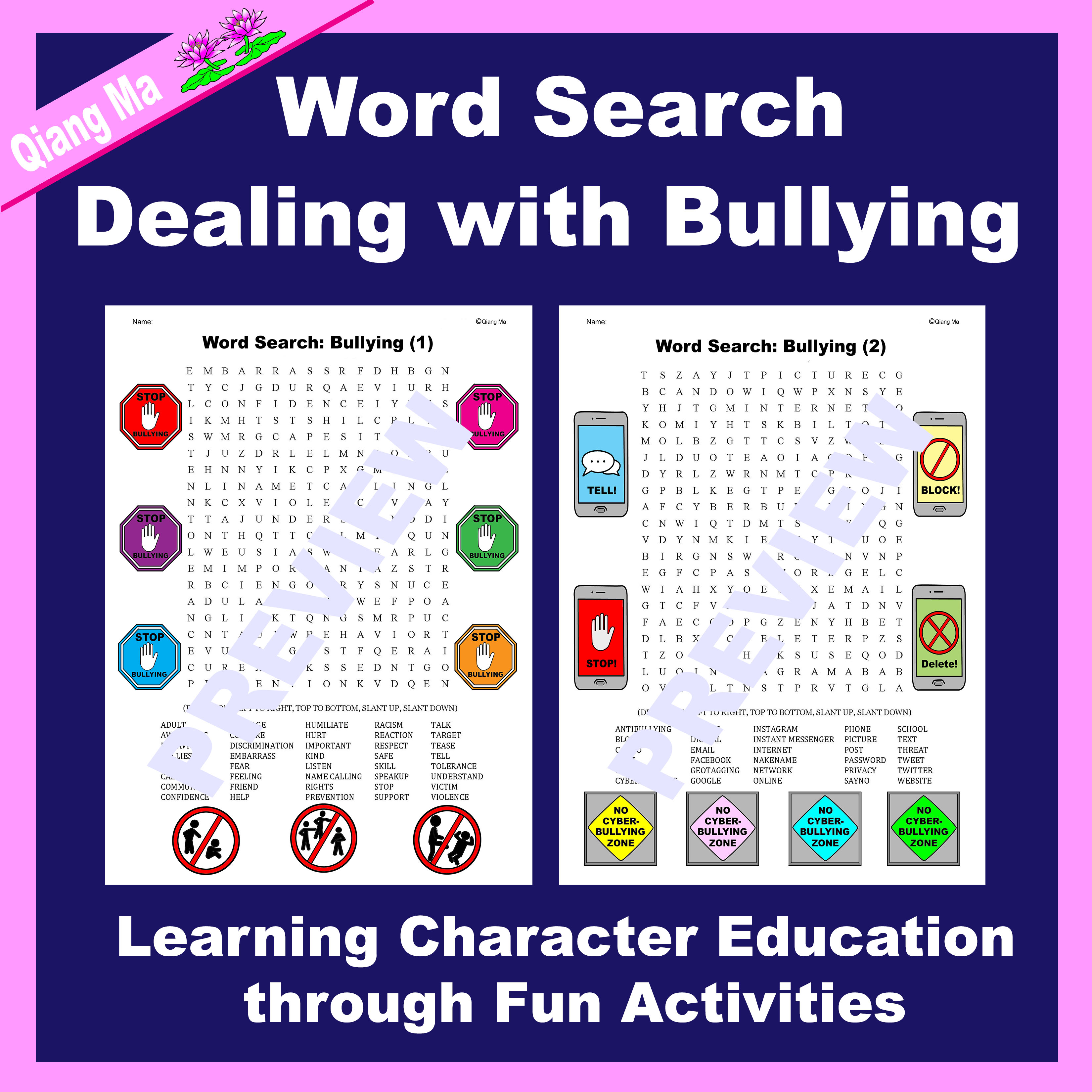Character Education Word Search- Dealing with Bullying - Classful