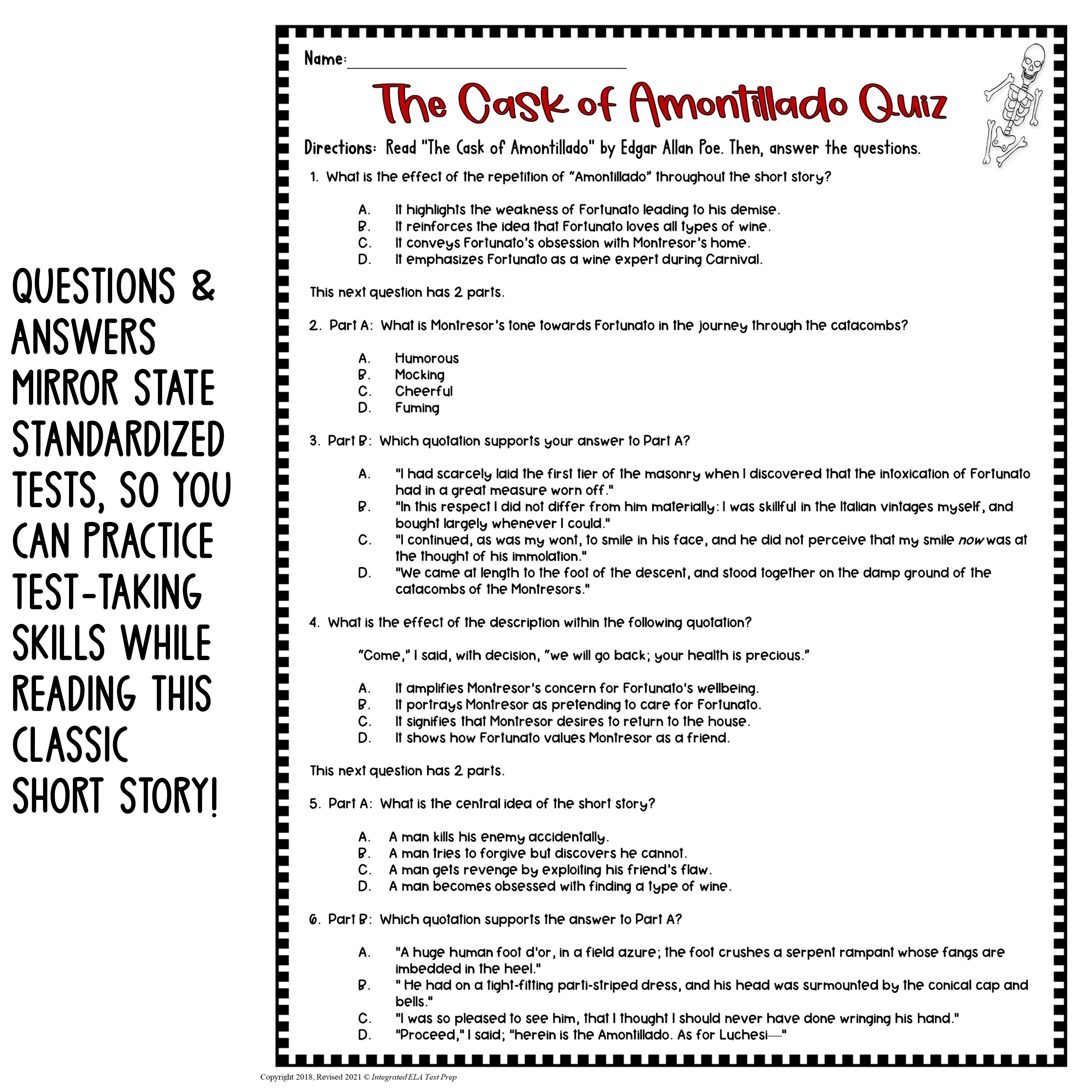 The Cask of Amontillado Quiz & Reading Comprehension Questions Edgar ...